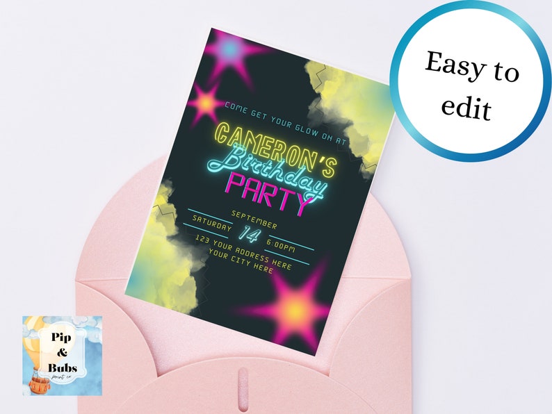 Girls Glow Party Editable Invitations Neon Glowstick Blacklight Party ...