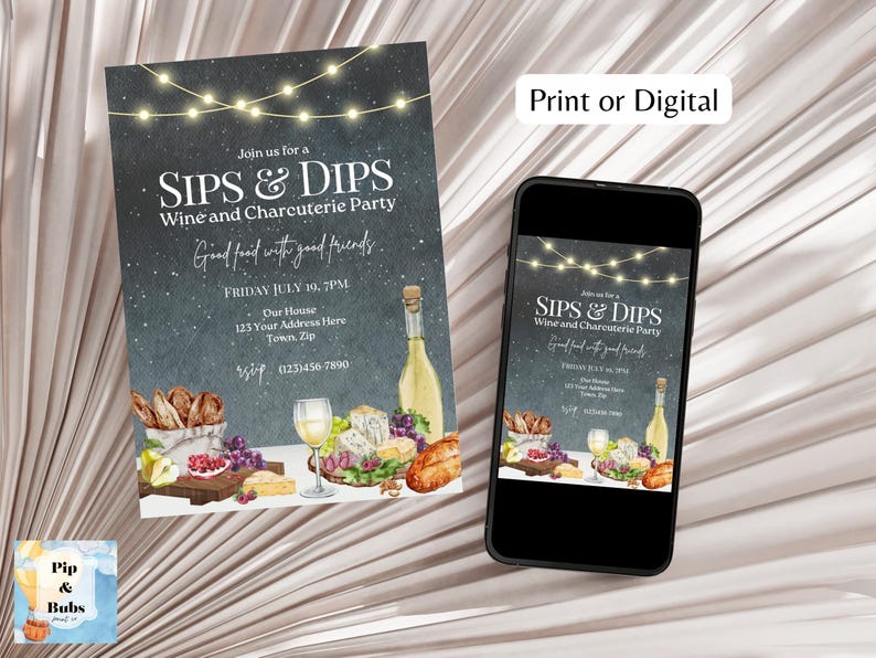 Charcuterie Party Editable Invitation Sips and Dips Invite Wine Snacks ...