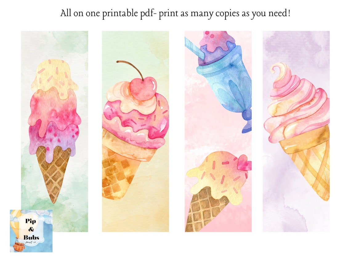 Kids Printable Bookmarks Ice Cream Treats Set of 4 Girls Gift Book ...