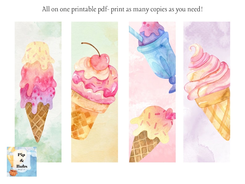 Kids Printable Bookmarks Ice Cream Treats Set of 4 Girls Gift Book ...