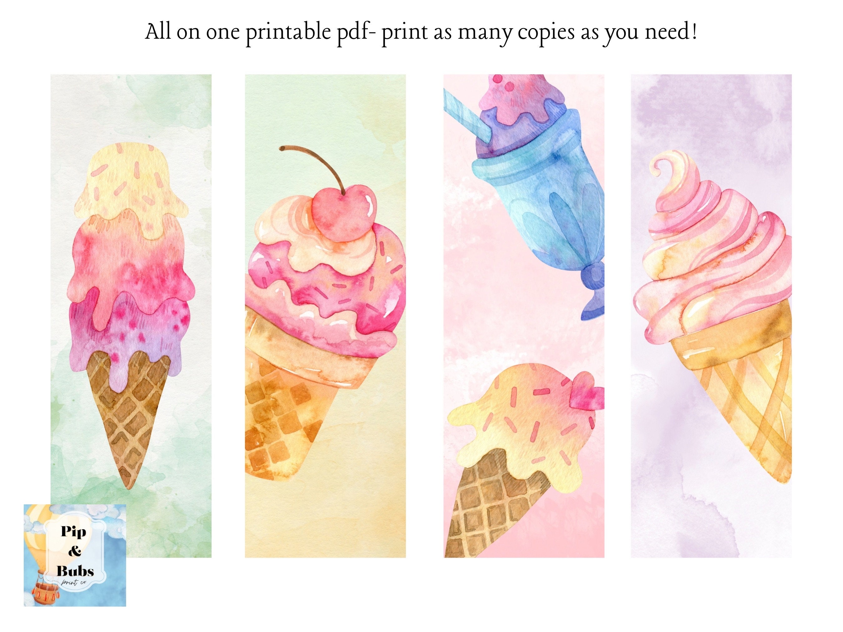 Kids Printable Bookmarks Ice Cream Treats Set of 4 Girls Gift Book ...