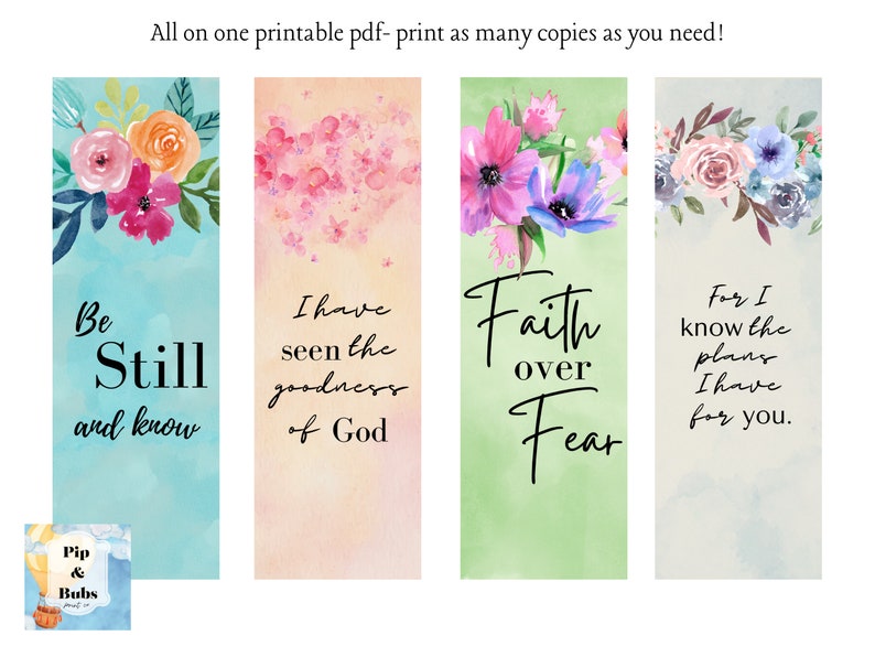 Christian Printable Bookmark Set of 4 Watercolor Flowers Bible Study ...