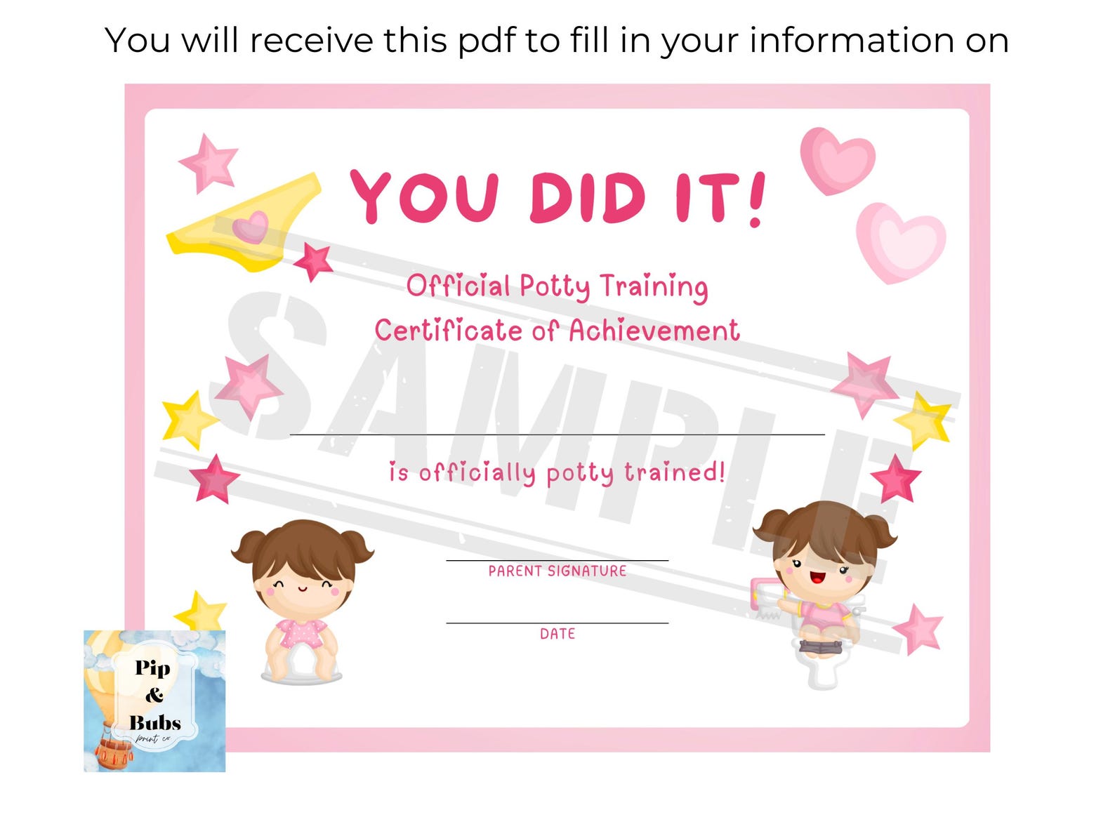 Girls Potty Training Certificate Printable Award PDF Instant Download ...