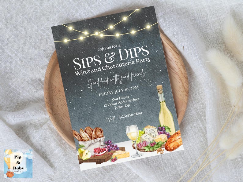 Charcuterie Party Editable Invitation Sips and Dips Invite Wine Snacks ...