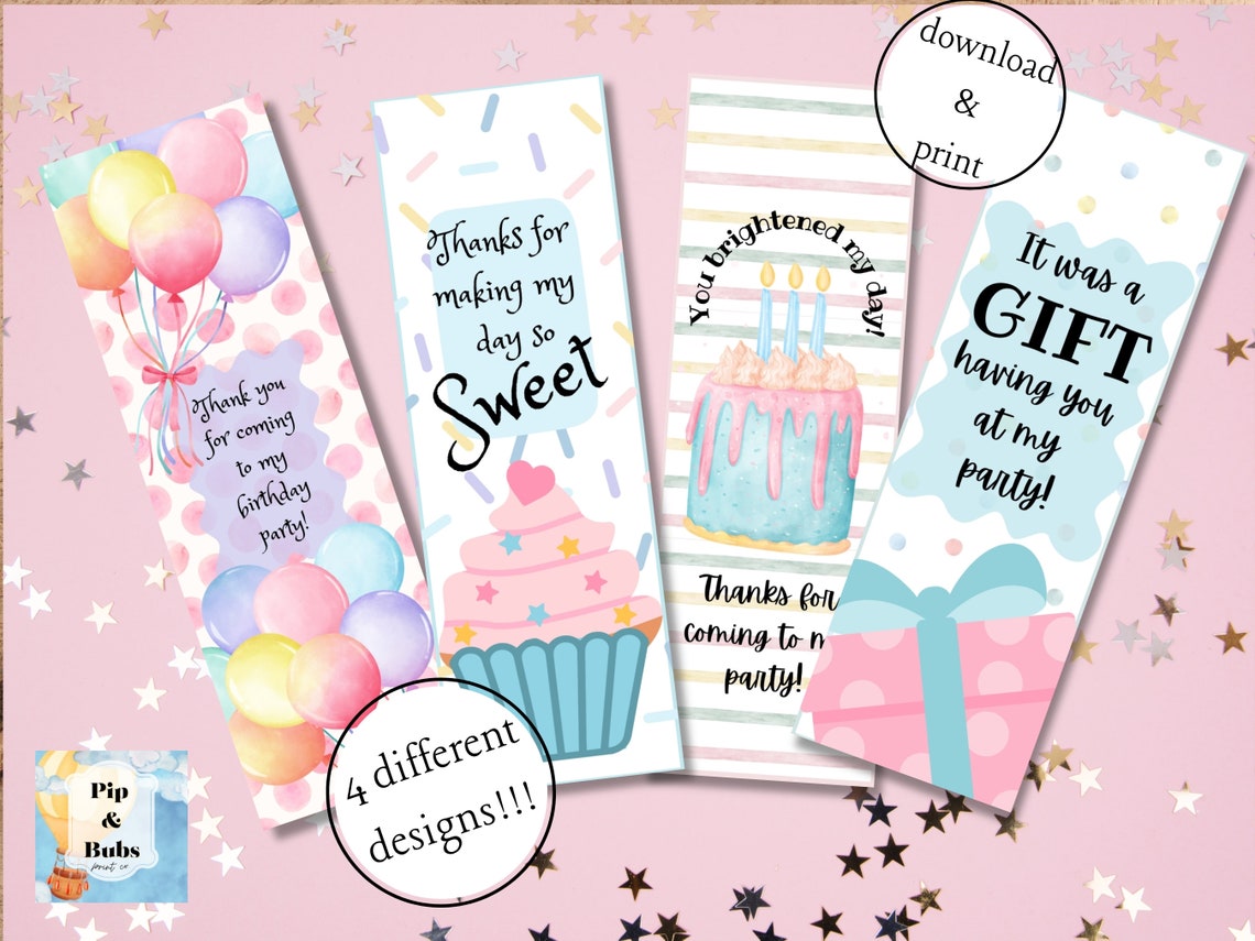 Pastel Birthday Thank You Printable Bookmarks Cute Girls Birthday ...