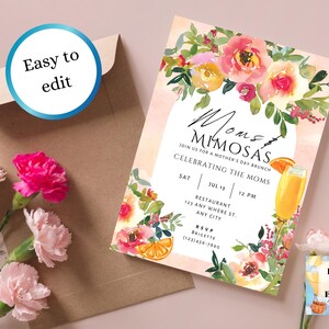 Mother’s Day Editable Invitation Bright Mom’s and Mimosas Pink Peach ...