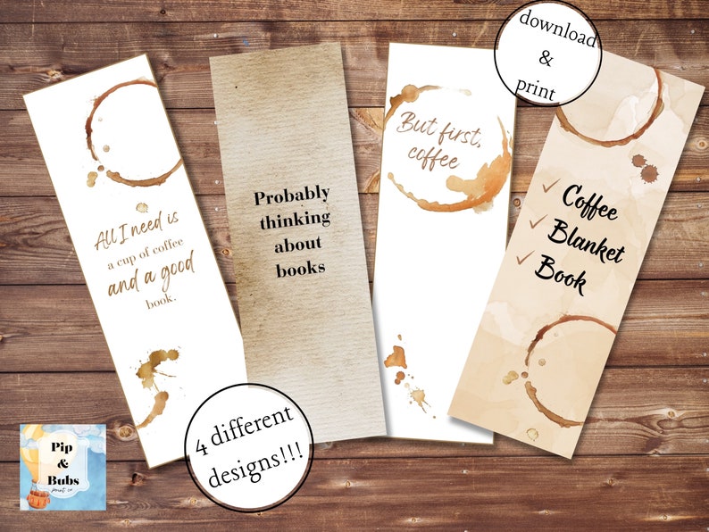 Coffee and Books Printable Bookmarks Set of 4 Coffee Lovers Gift for ...