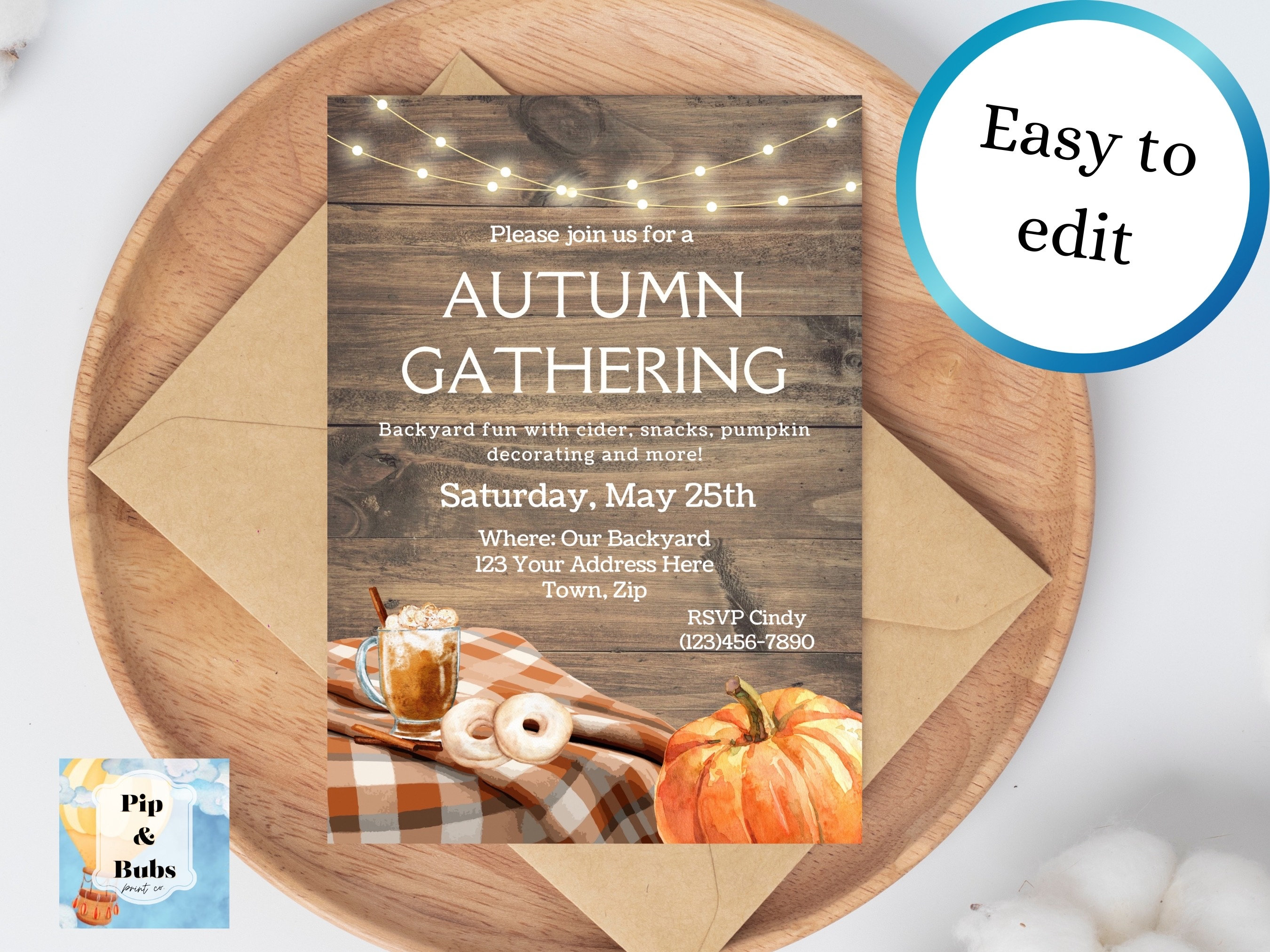 Autumn Gathering Editable Invitation Fall Party Invite Cider Pumpkin ...