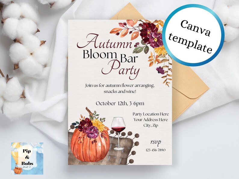 Bloom Bar Editable Invitation Autumn Fall Themed Flower Arrangement ...