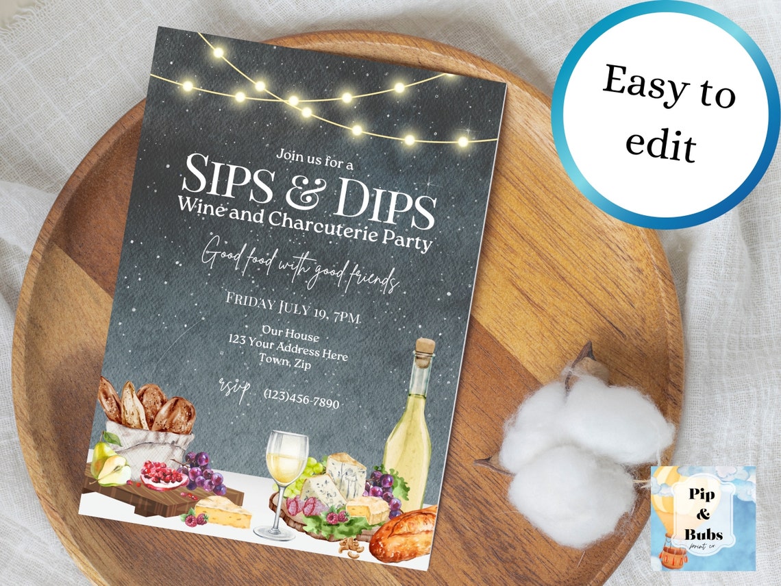 Charcuterie Party Editable Invitation Sips and Dips Invite Wine Snacks ...