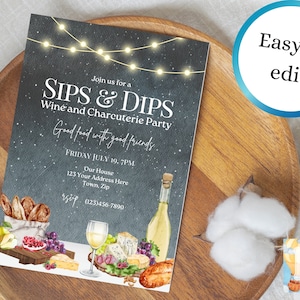 Charcuterie Party Editable Invitation Sips and Dips Invite Wine Snacks ...
