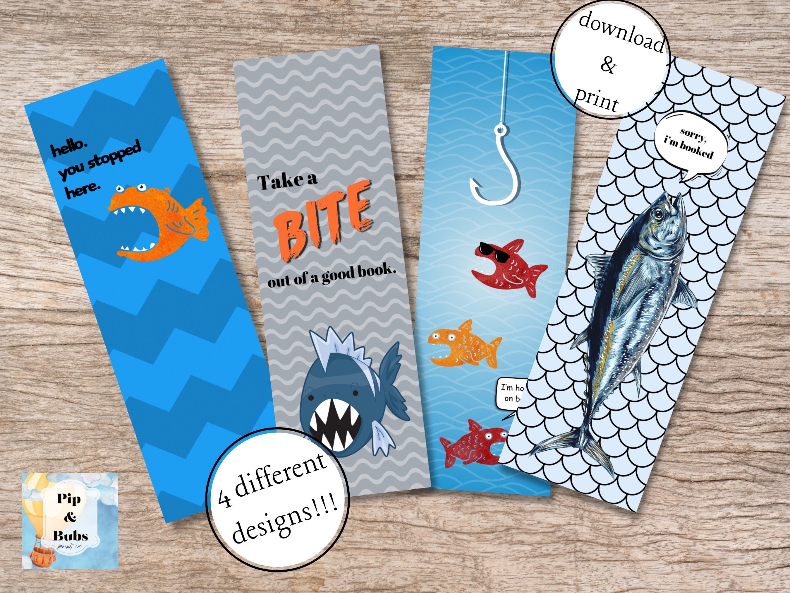 Funny Kids Printable Bookmarks Set of 4 Fish Designs for Kids, Boys ...