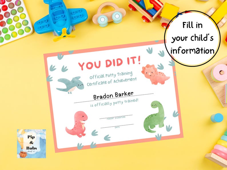 Boys Potty Training Certificate Cute Dinosaur Printable Award PDF ...
