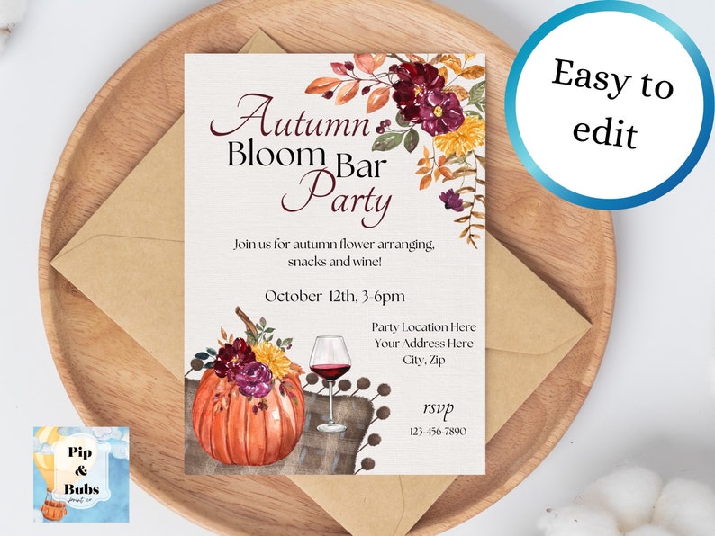 Bloom Bar Editable Invitation Autumn Fall Themed Flower Arrangement ...