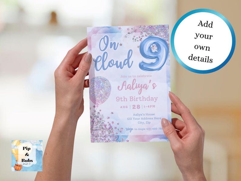 9th Birthday on Cloud 9 Girls Editable Invitation Canva Template Pink ...