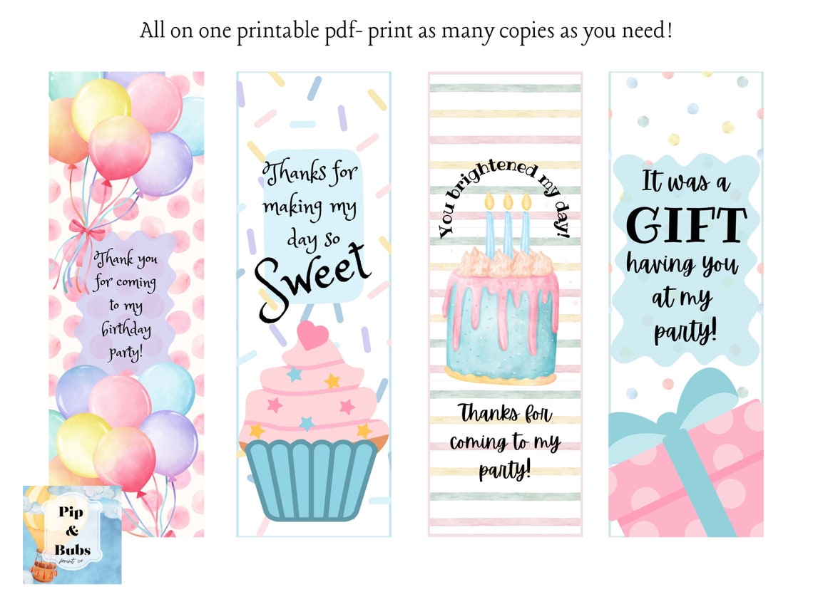 Pastel Birthday Thank You Printable Bookmarks Cute Girls Birthday ...