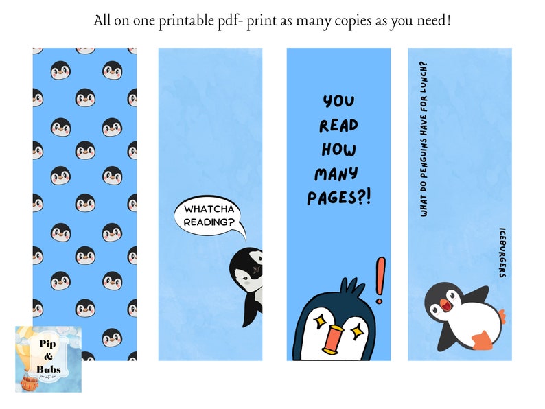 Kids Funny Penguin Printable Bookmarks-set of 4 Designs- Gift, Party Favors- Cute Penguins for ...