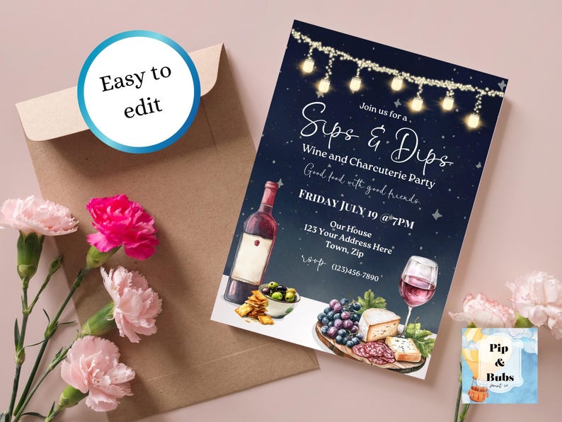 Charcuterie Party Invitation: Sips and Dips, Editable Canva Template ...