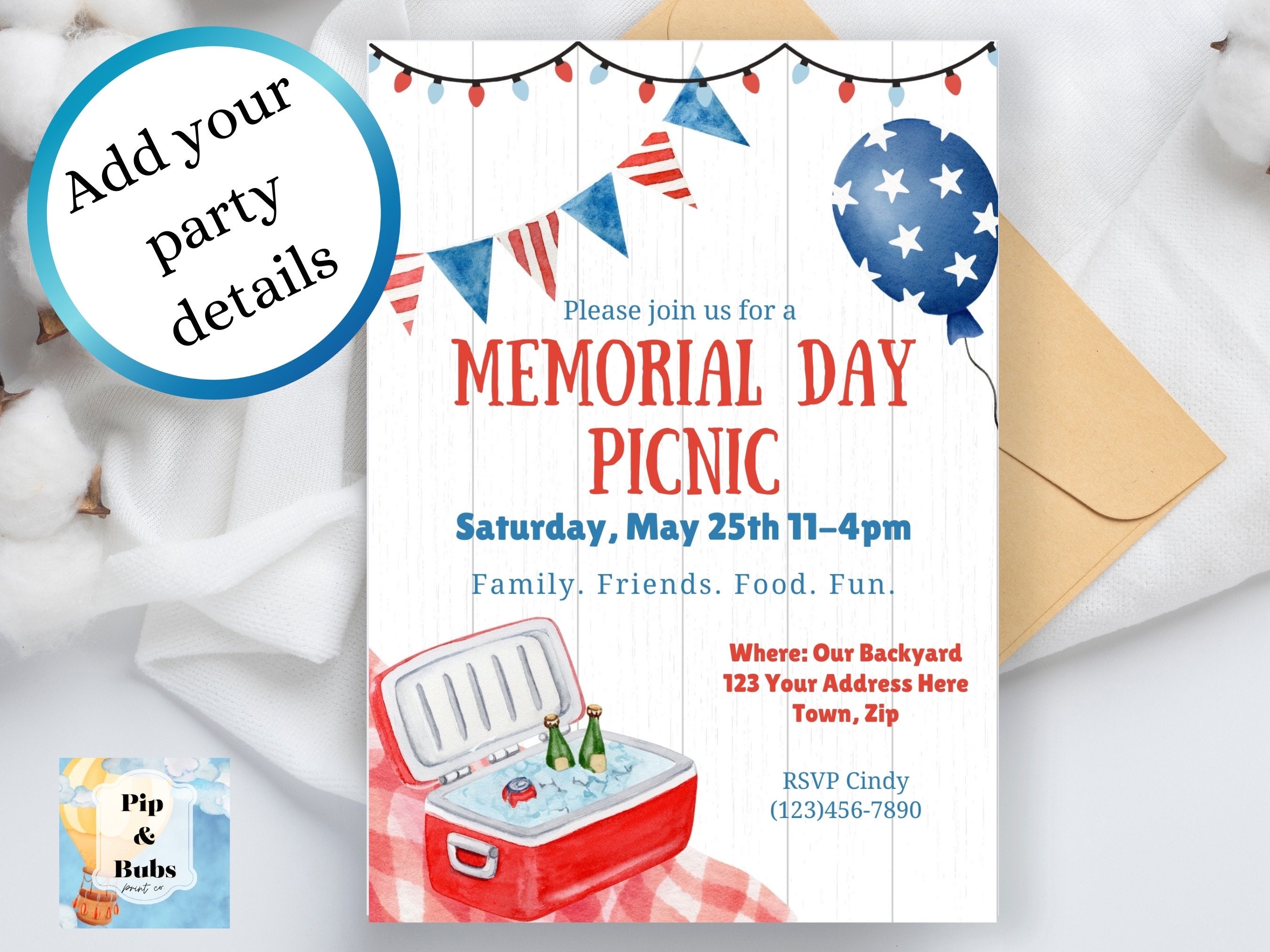 Memorial Day Picnic Editable Invitation Digital Download Patriotic ...