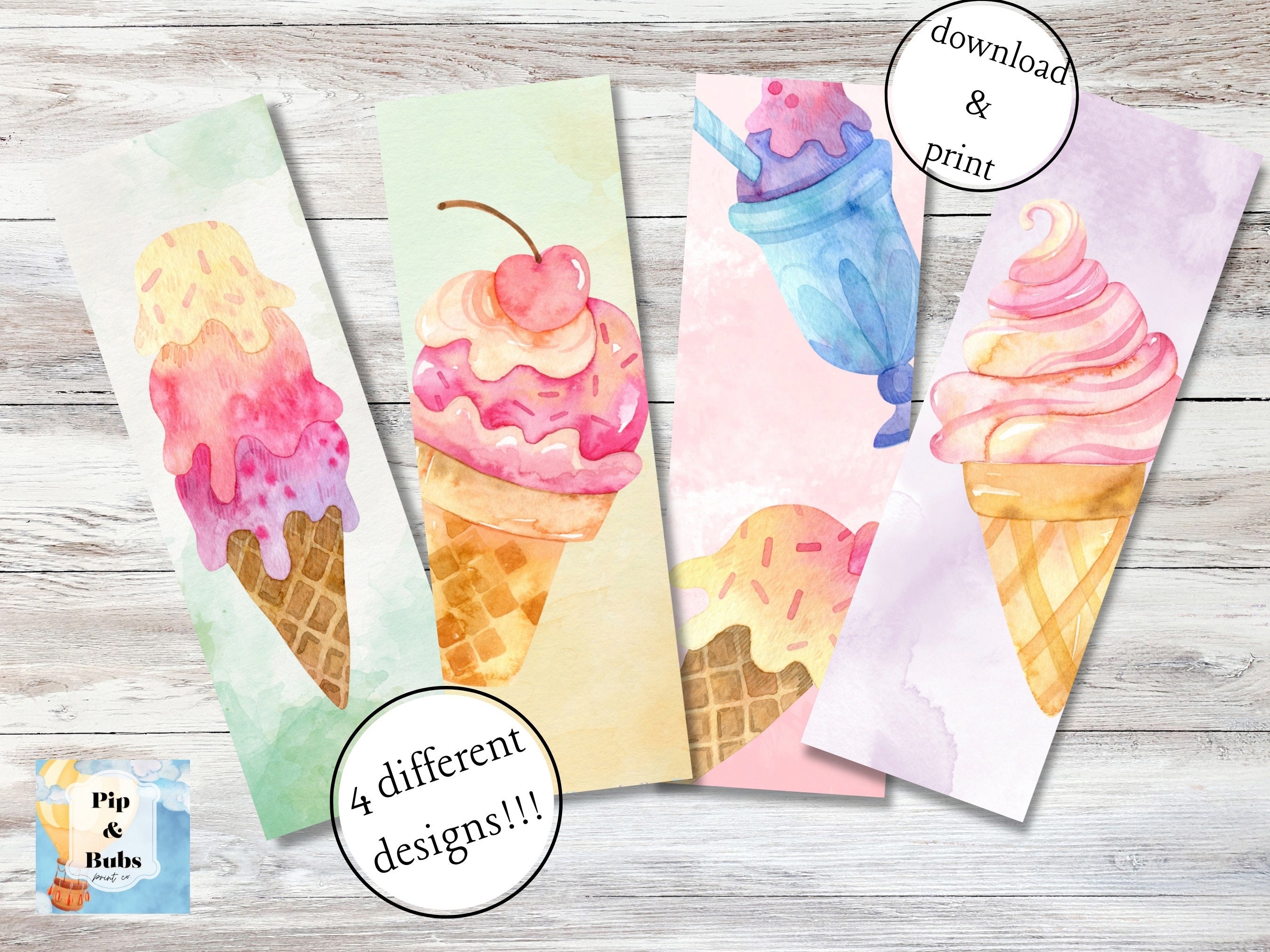 Kids Printable Bookmarks Ice Cream Treats Set of 4 Girls Gift Book ...