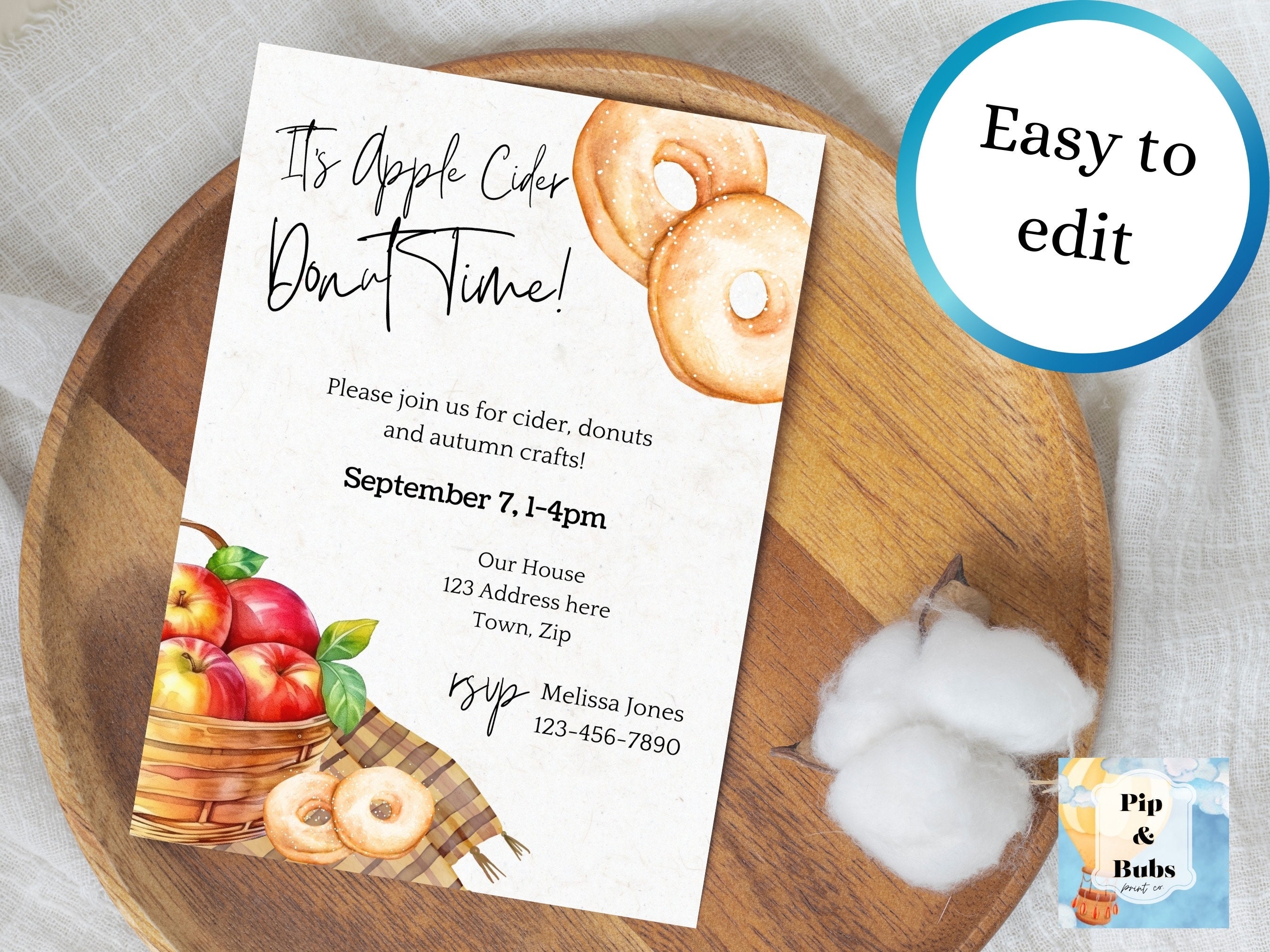 Donut Party Editable Invitation Apple Cider Donut Invite Kids Party ...