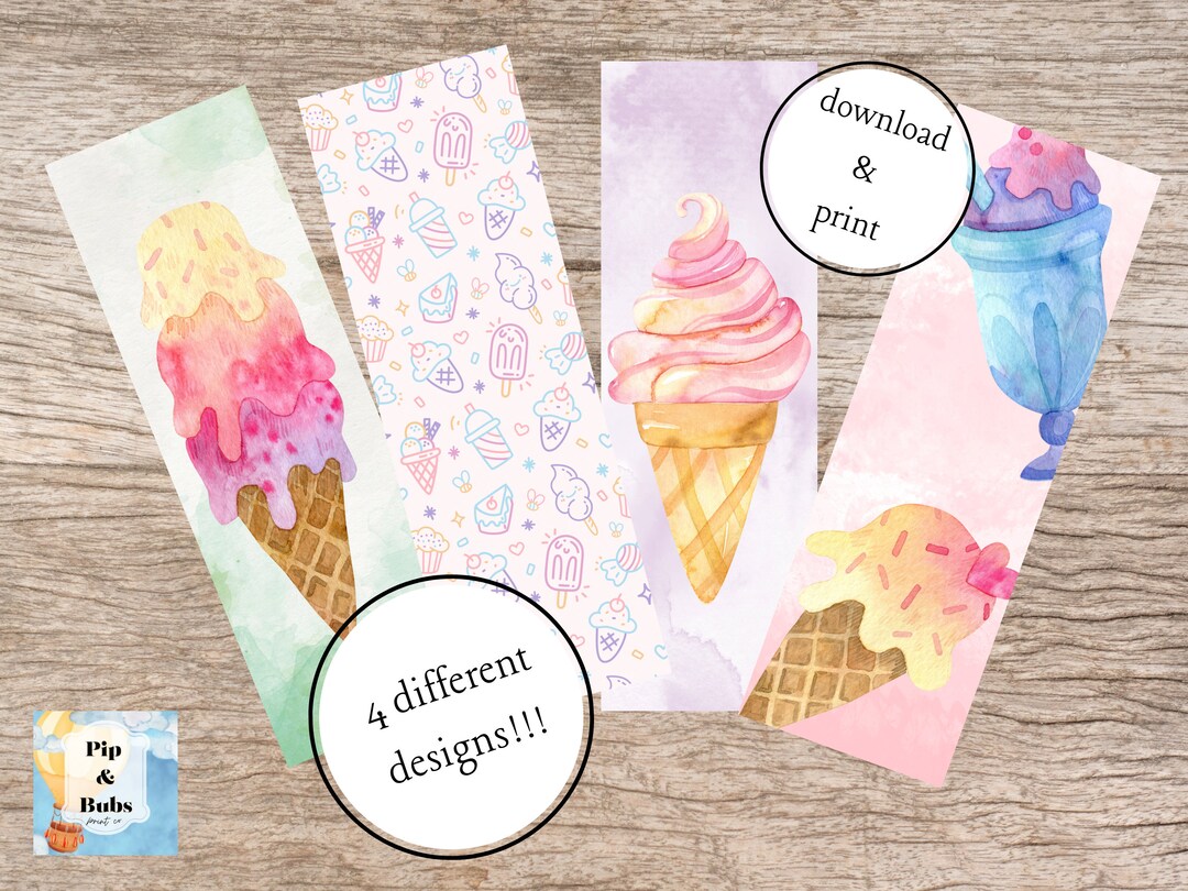 Kids Printable Bookmarks Ice Cream Treats Set of 4 Girls Gift Book ...