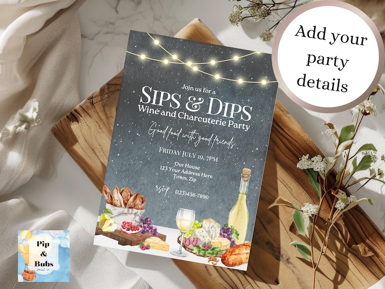 Charcuterie Party Editable Invitation Sips and Dips Invite Wine Snacks ...