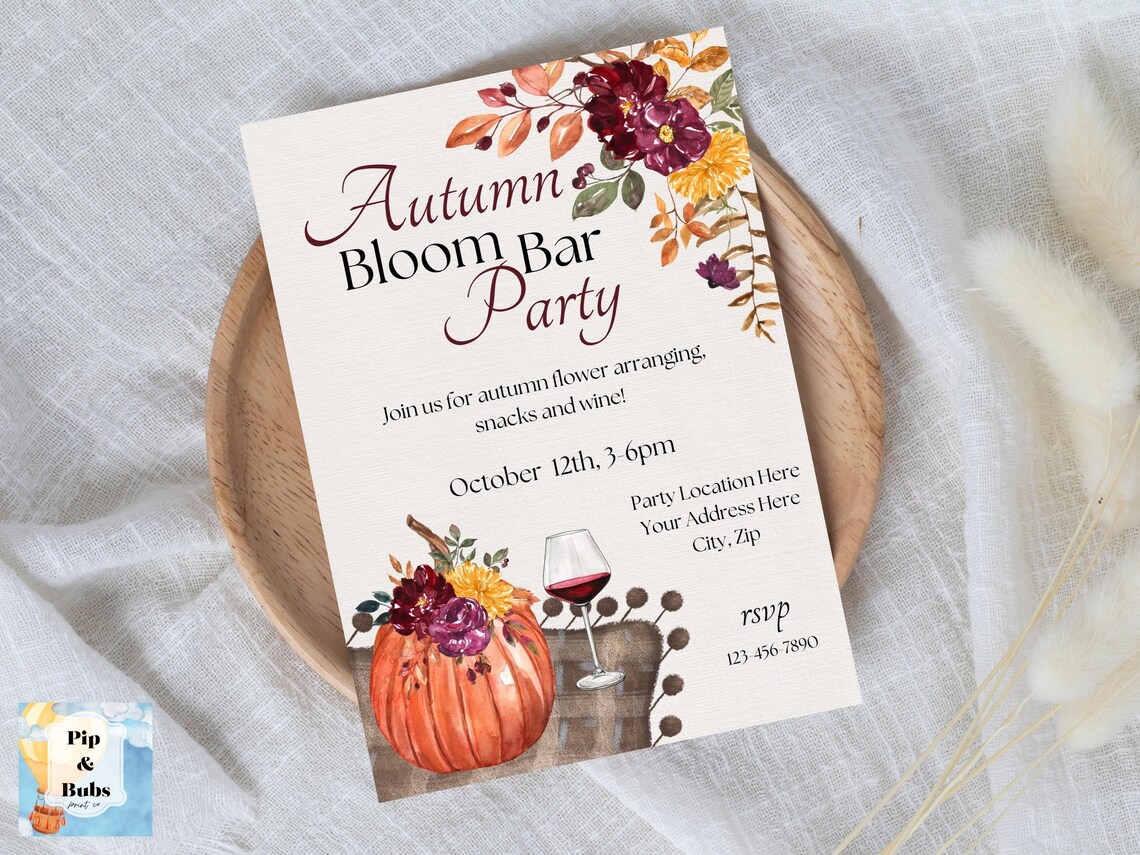 Bloom Bar Editable Invitation Autumn Fall Themed Flower Arrangement ...