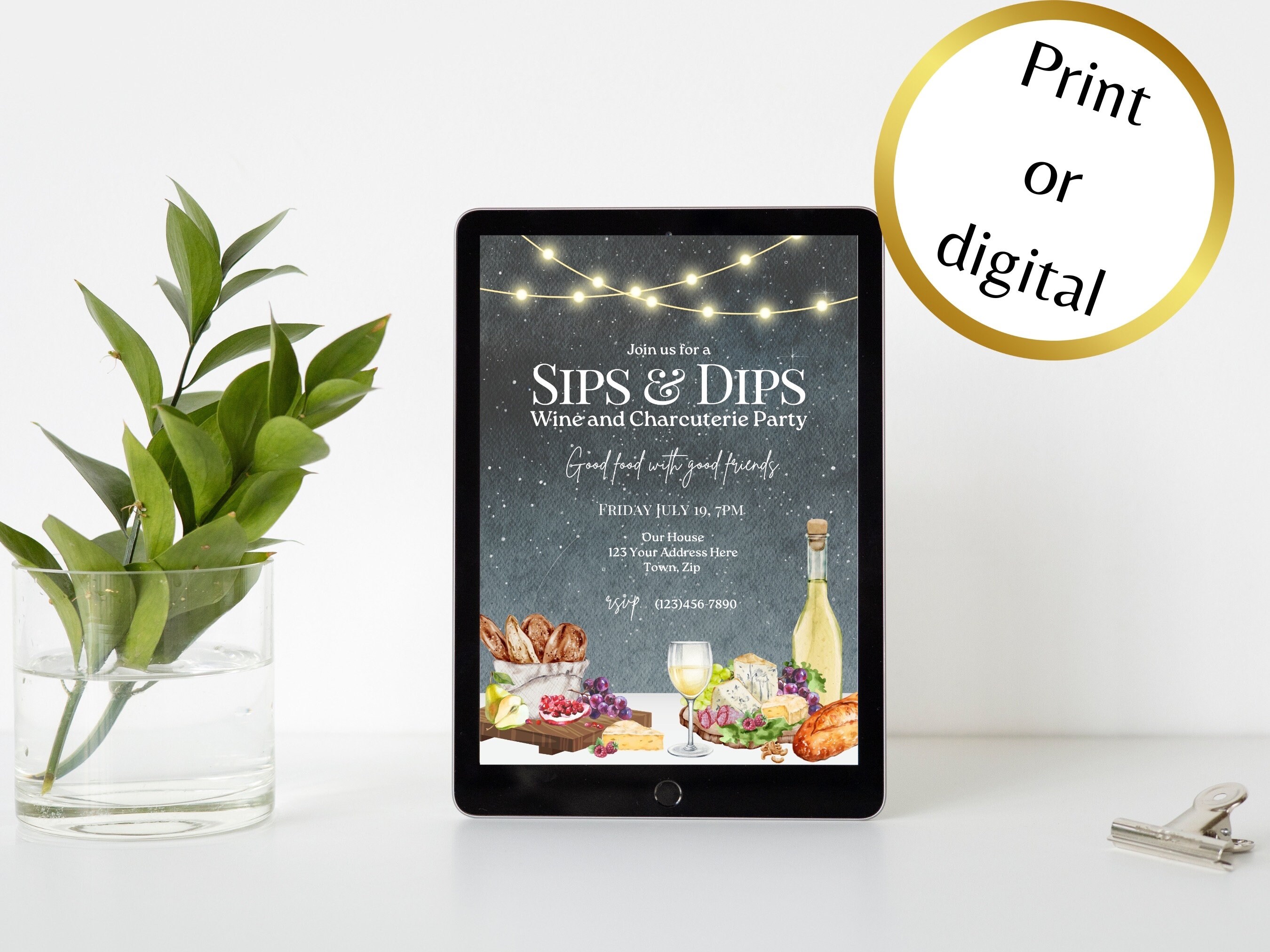 Charcuterie Party Editable Invitation Sips and Dips Invite Wine Snacks ...