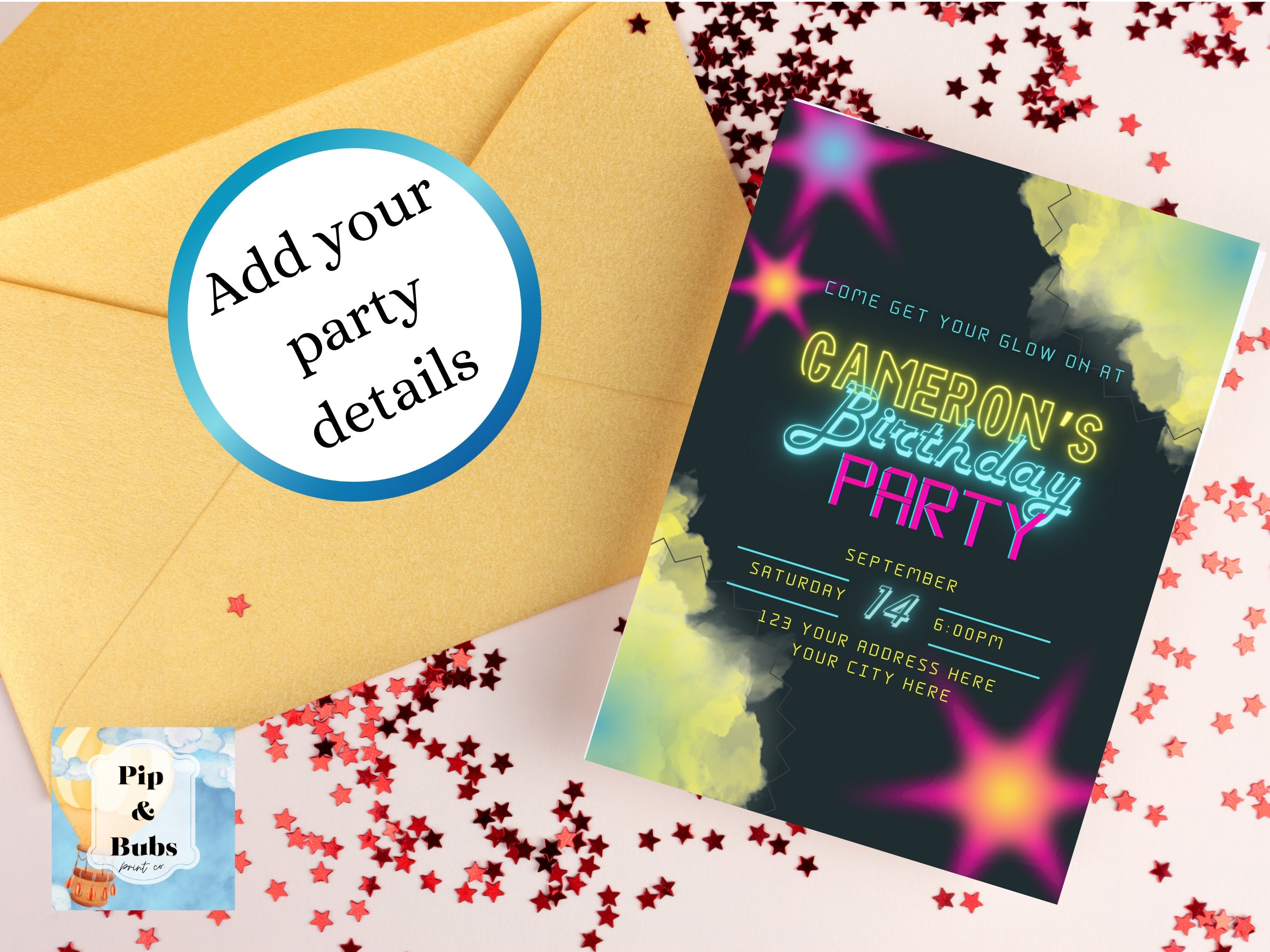 Girls Glow Party Editable Invitations Neon Glowstick Blacklight Party ...