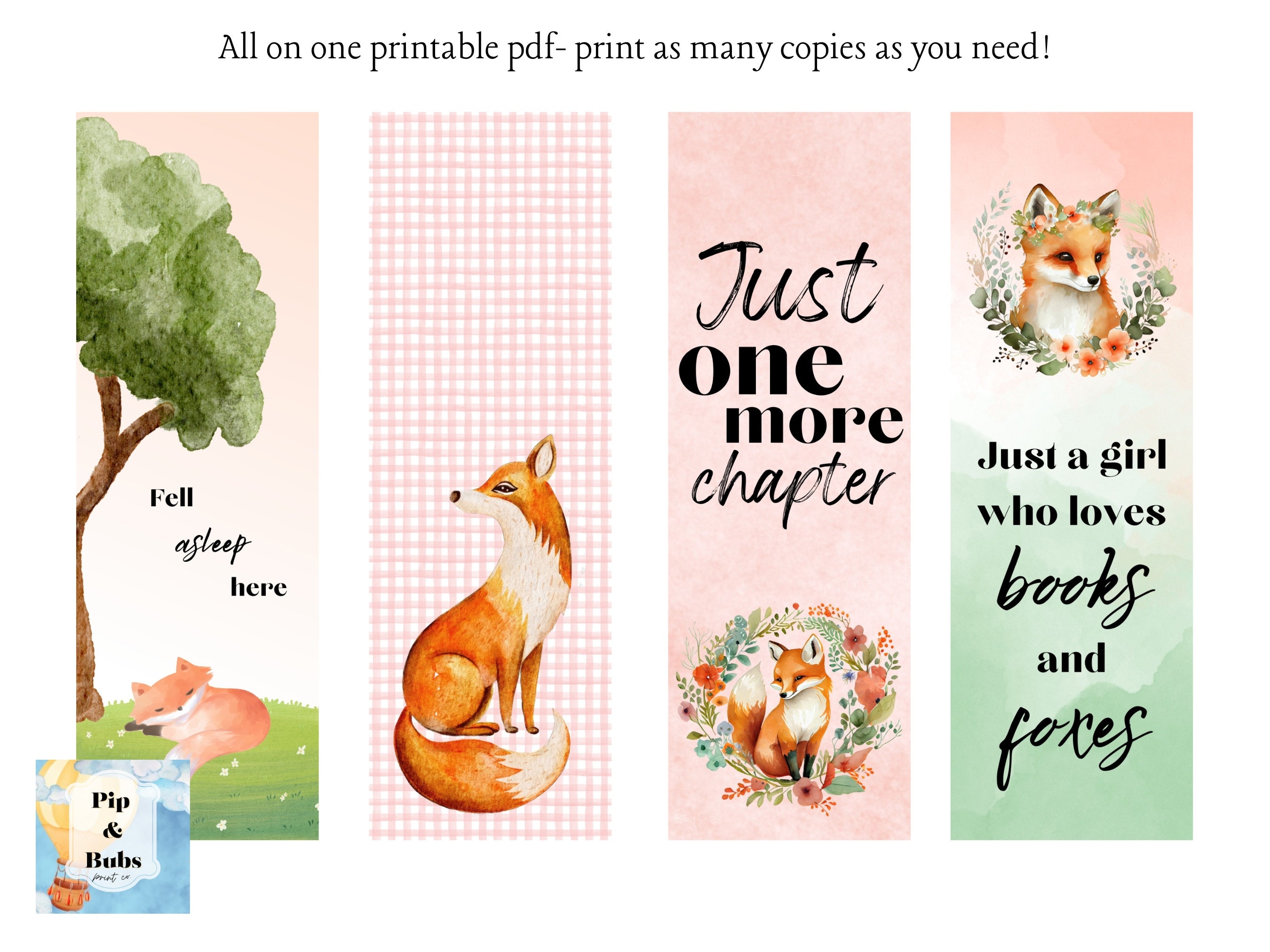 Fox Printable Bookmarks Set of 4 Watercolor Foxes on Peach Background ...
