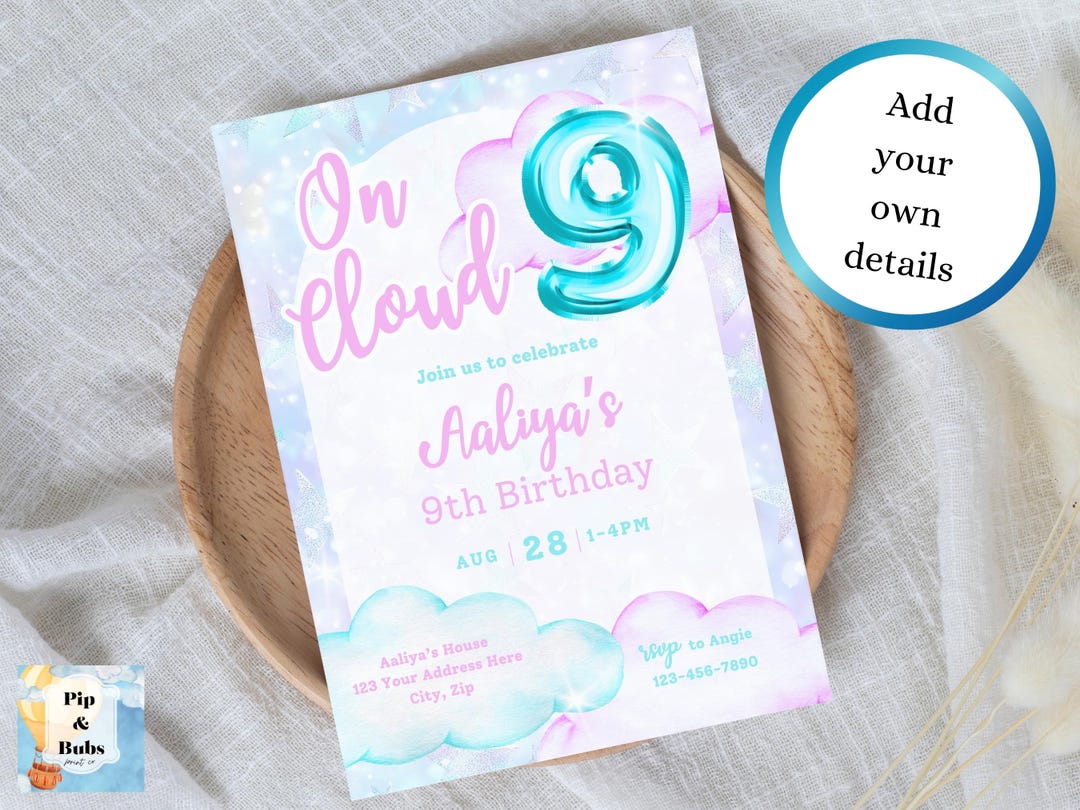 9th Birthday on Cloud 9 Girls Editable Invitation Canva Template Pink ...
