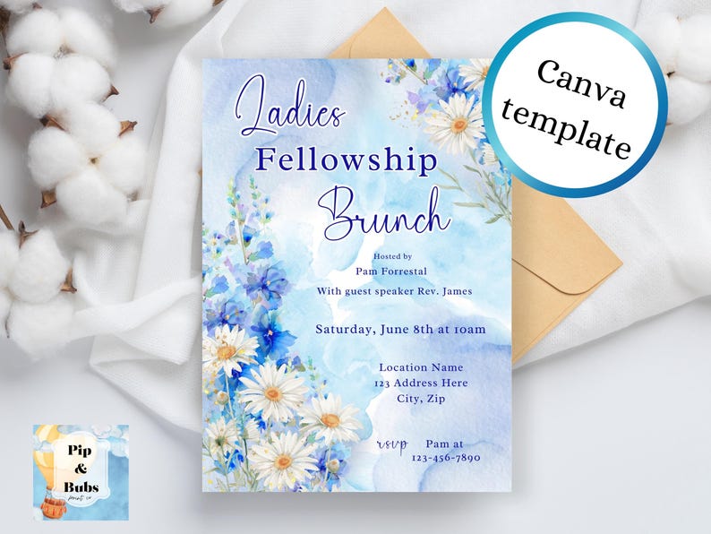 Womens Fellowship Editable Invitation Ladies Brunch Daisy Blue ...