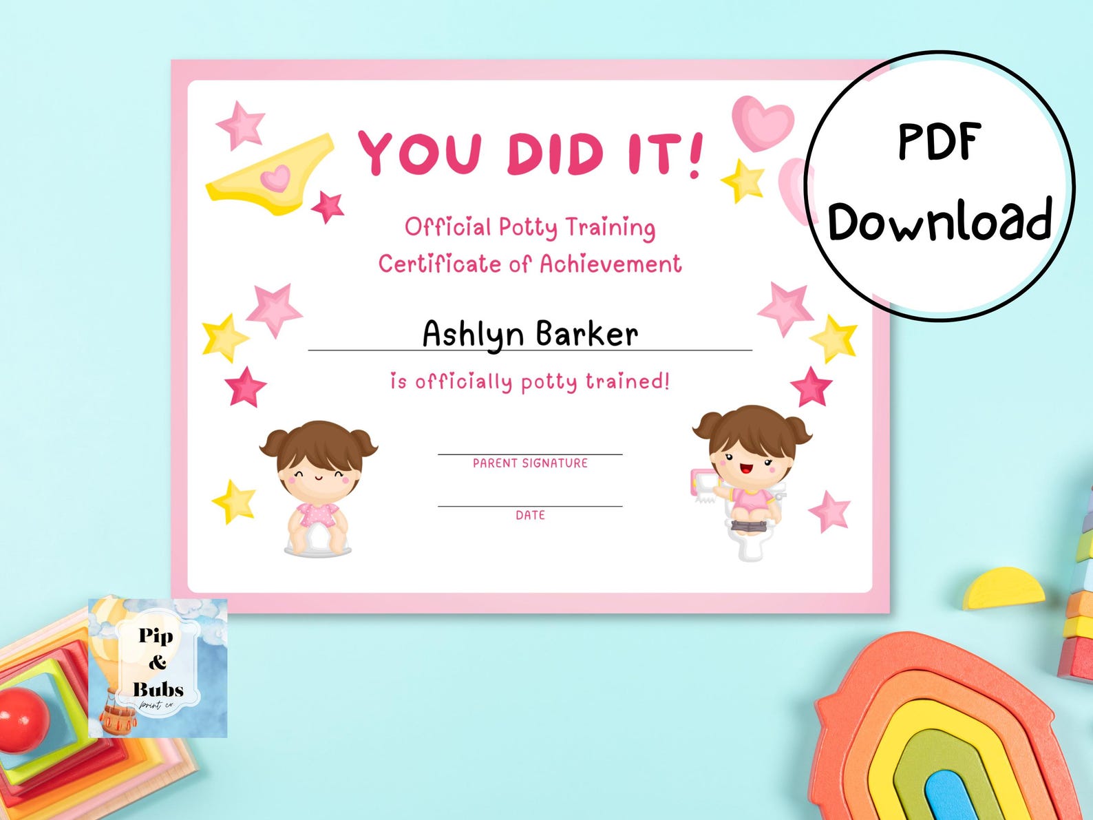 Girls Potty Training Certificate Printable Award PDF Instant Download ...