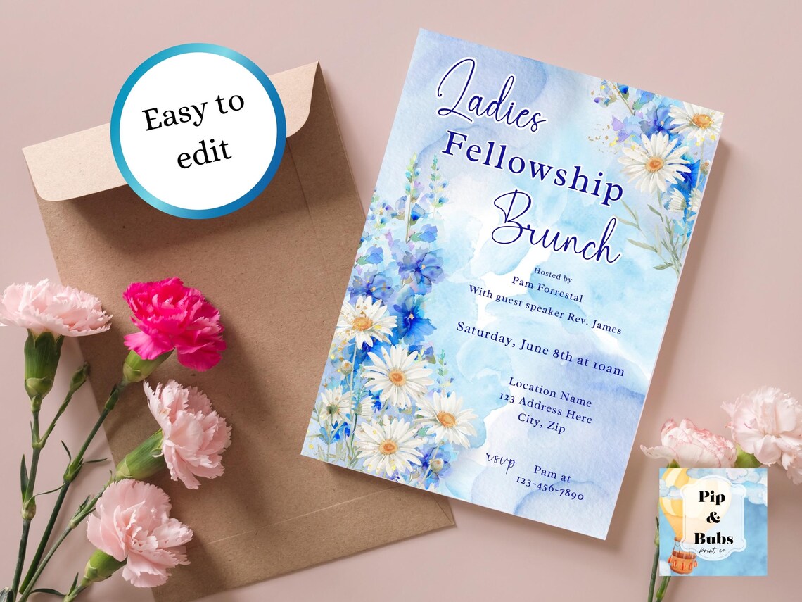 Womens Fellowship Editable Invitation Ladies Brunch Daisy Blue ...