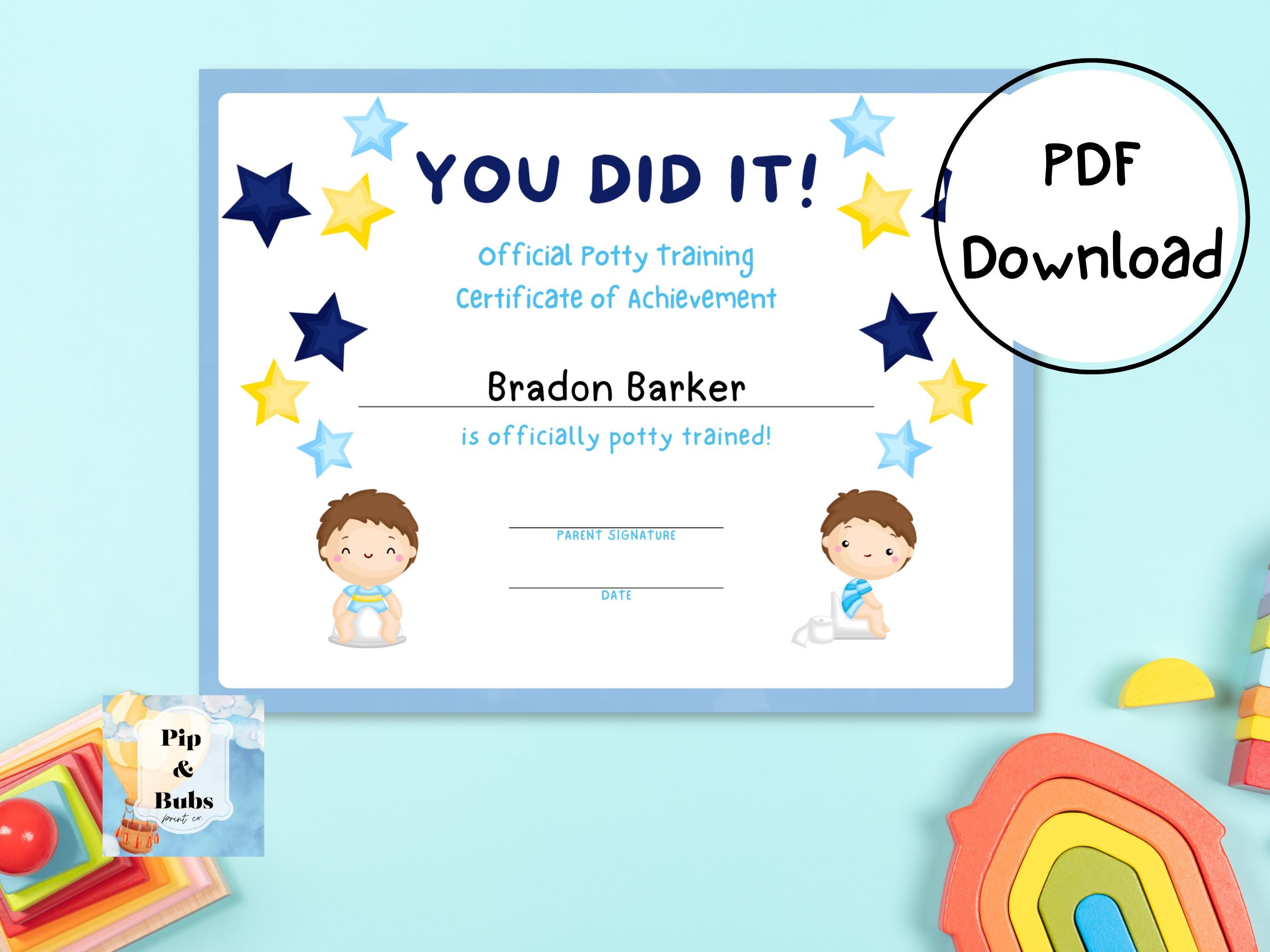 Boys Potty Training Certificate Printable Award PDF Instant Download - Etsy