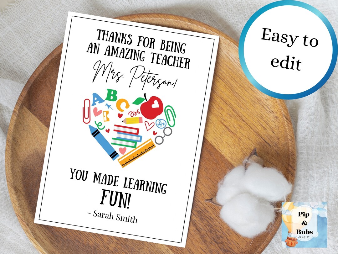 Teacher Appreciation Printable Thank You Editable Template Customized ...