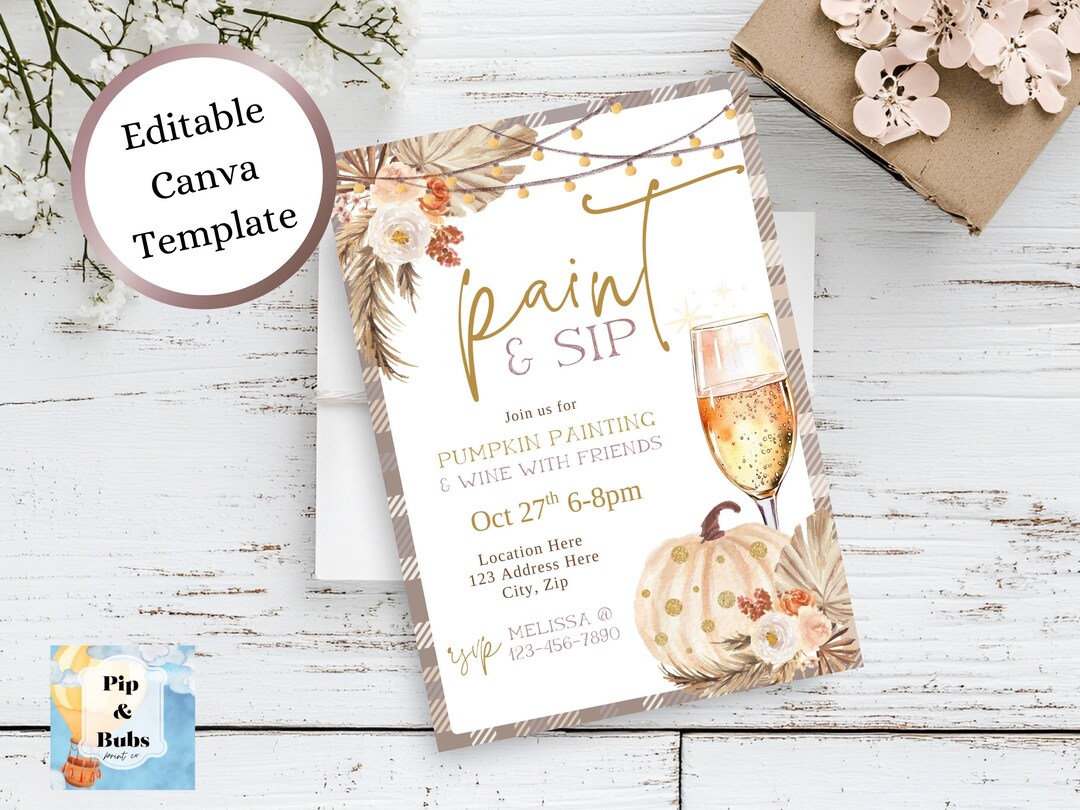 Editable Fall Paint and Sip Invitation | Pumpkin Painting Party Wine ...