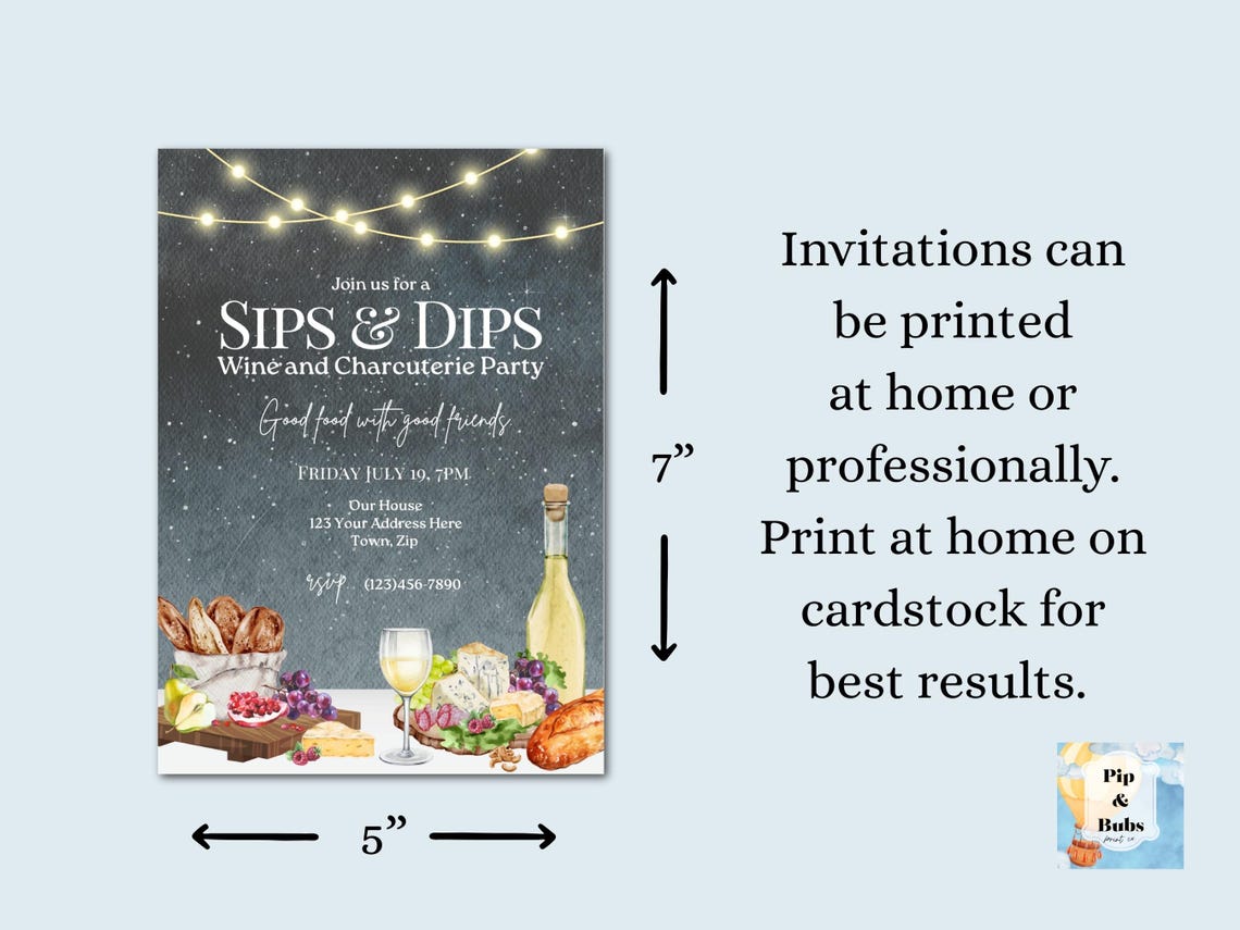 Charcuterie Party Editable Invitation Sips and Dips Invite Wine Snacks ...
