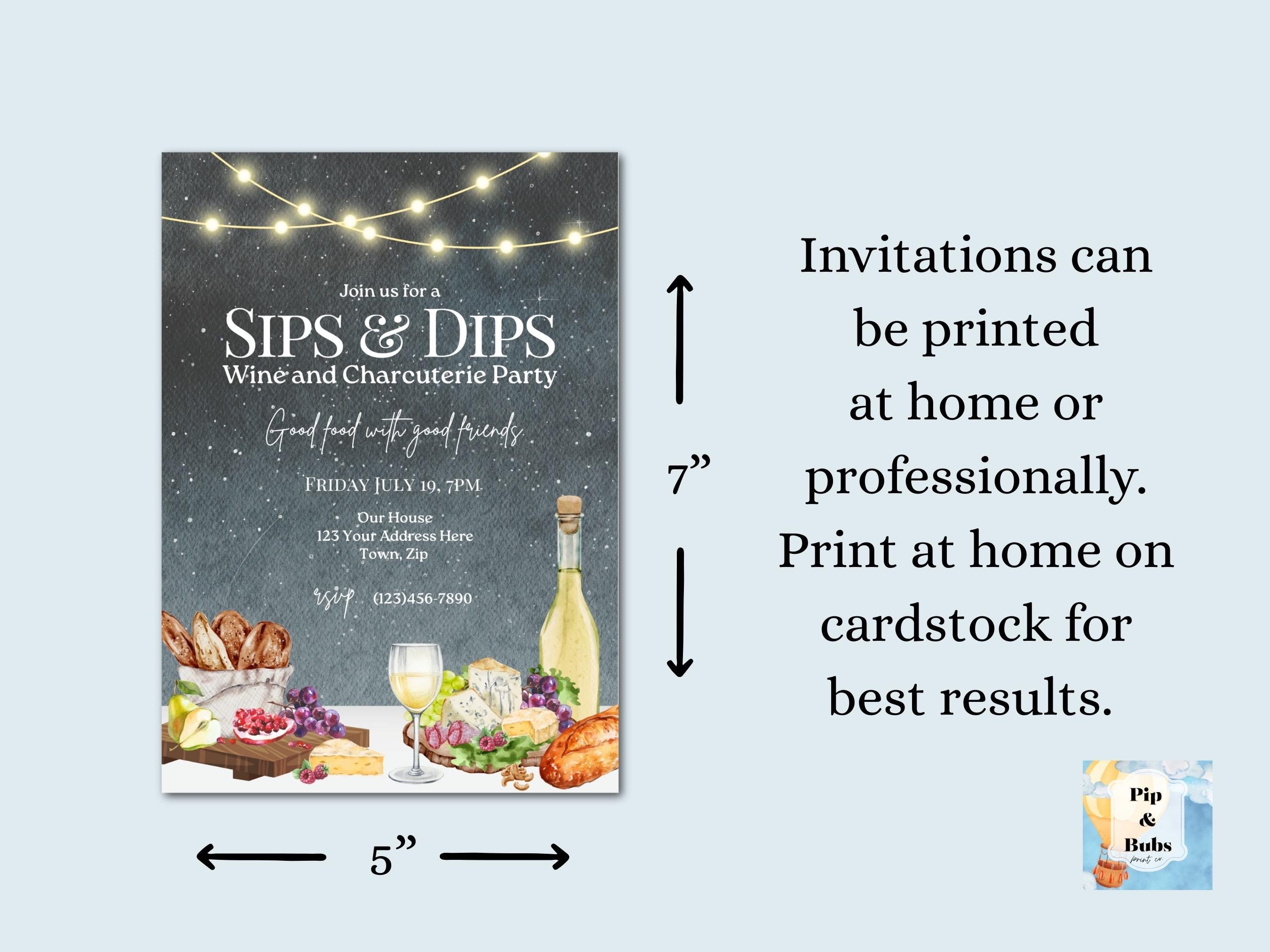 Charcuterie Party Editable Invitation Sips and Dips Invite Wine Snacks ...