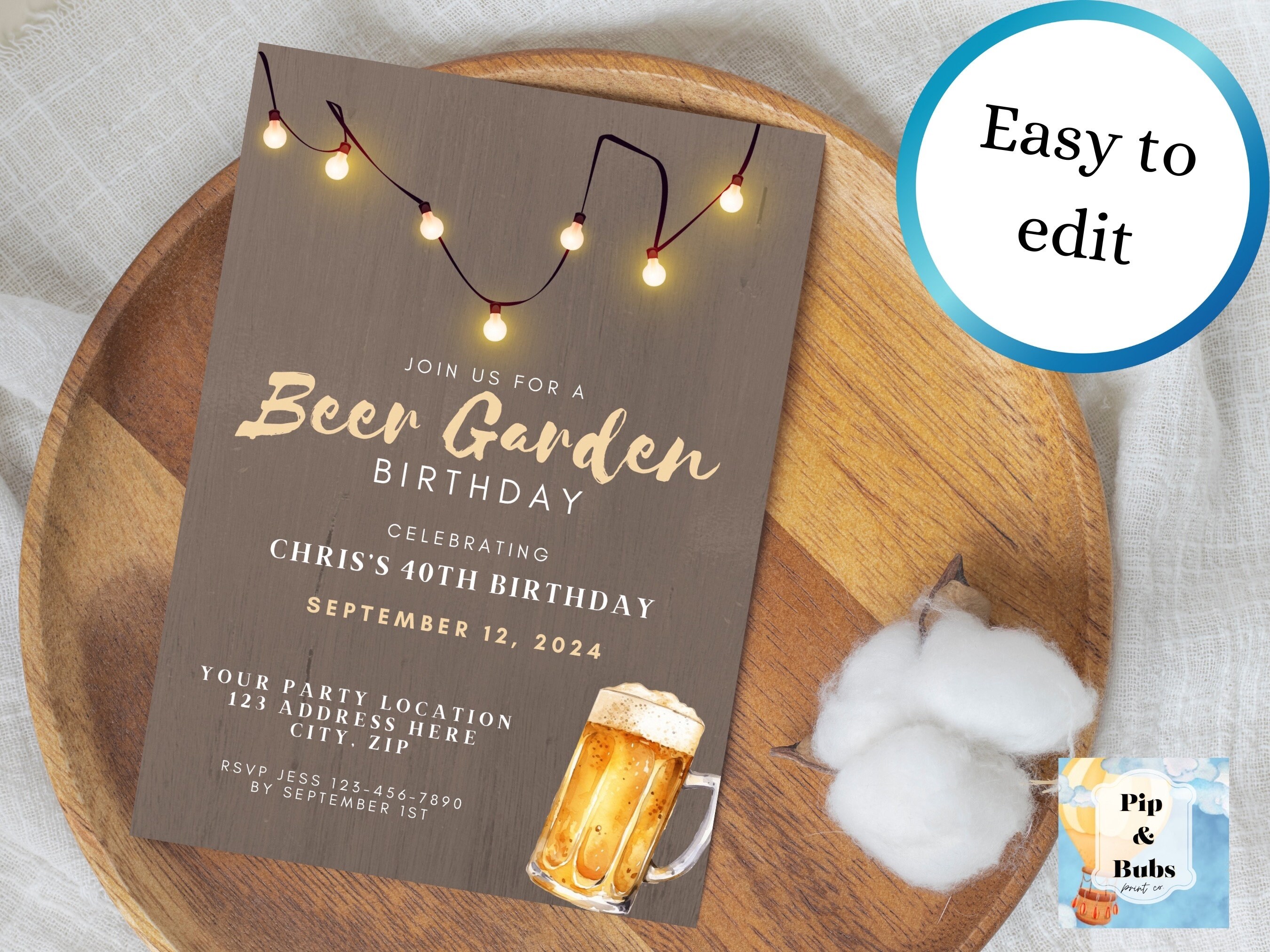 Beer Garden Birthday Editable Invitation for Men’s Party Brewery 40th ...