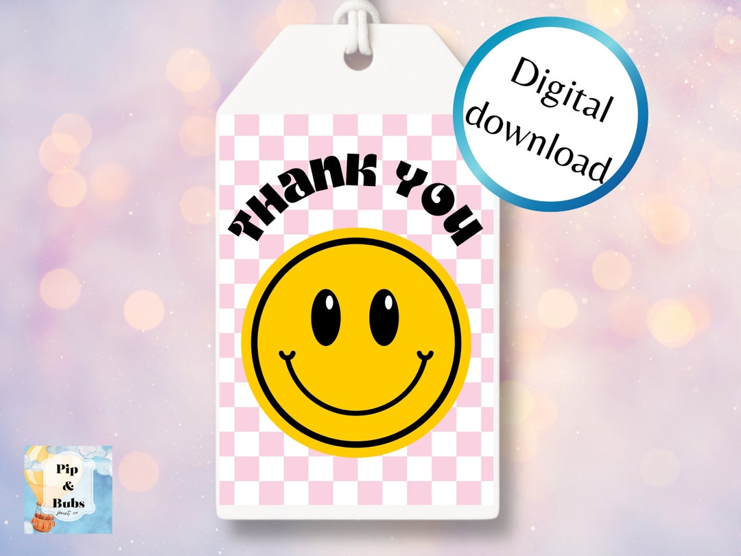 Smiley Face Printable Thank You Tags Party Favors Pink Check Retro ...
