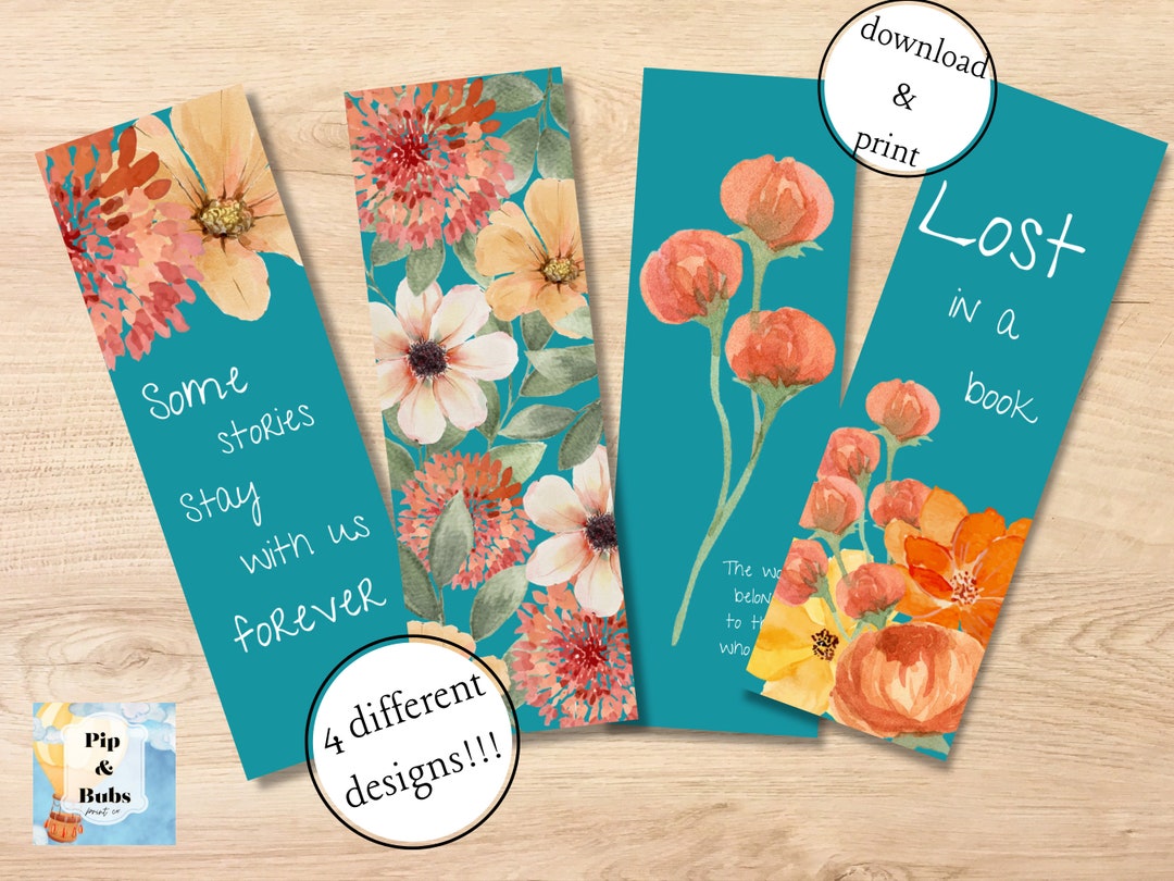 Orange Flower Bookmarks Printable Set of 4 Designs Teal Gift for Her ...
