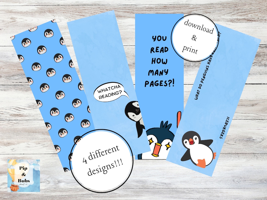 Kids Funny Penguin Printable Bookmarks-set of 4 Designs- Gift, Party ...