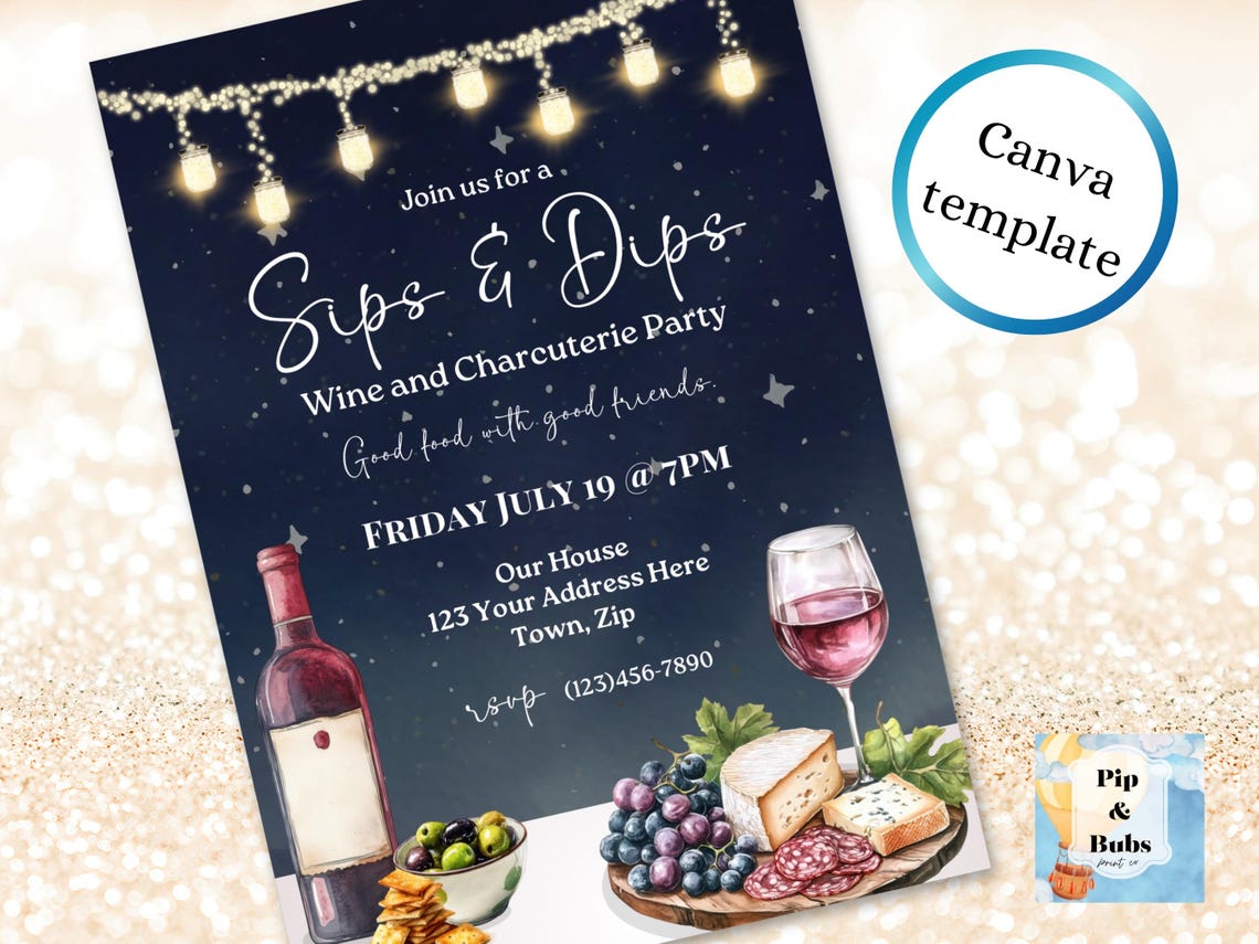 Charcuterie Party Invitation: Sips and Dips, Editable Canva Template ...
