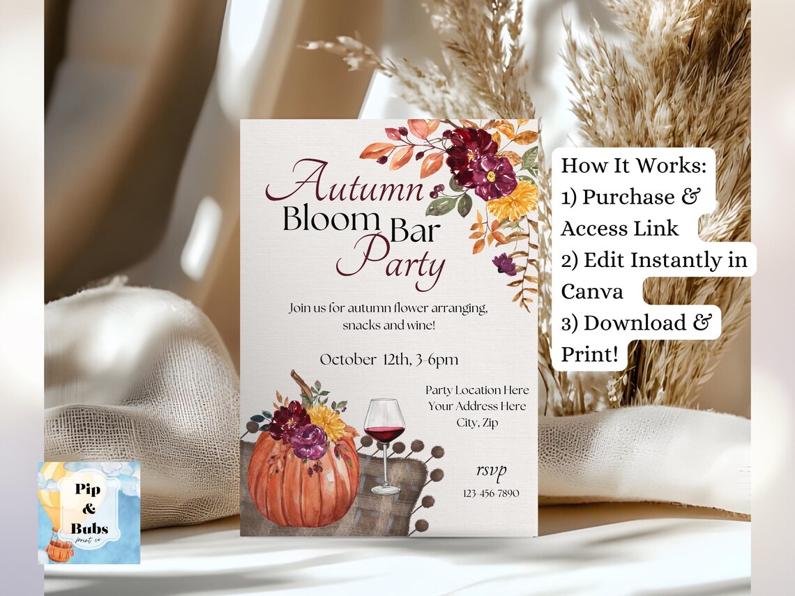 Bloom Bar Editable Invitation Autumn Fall Themed Flower Arrangement ...