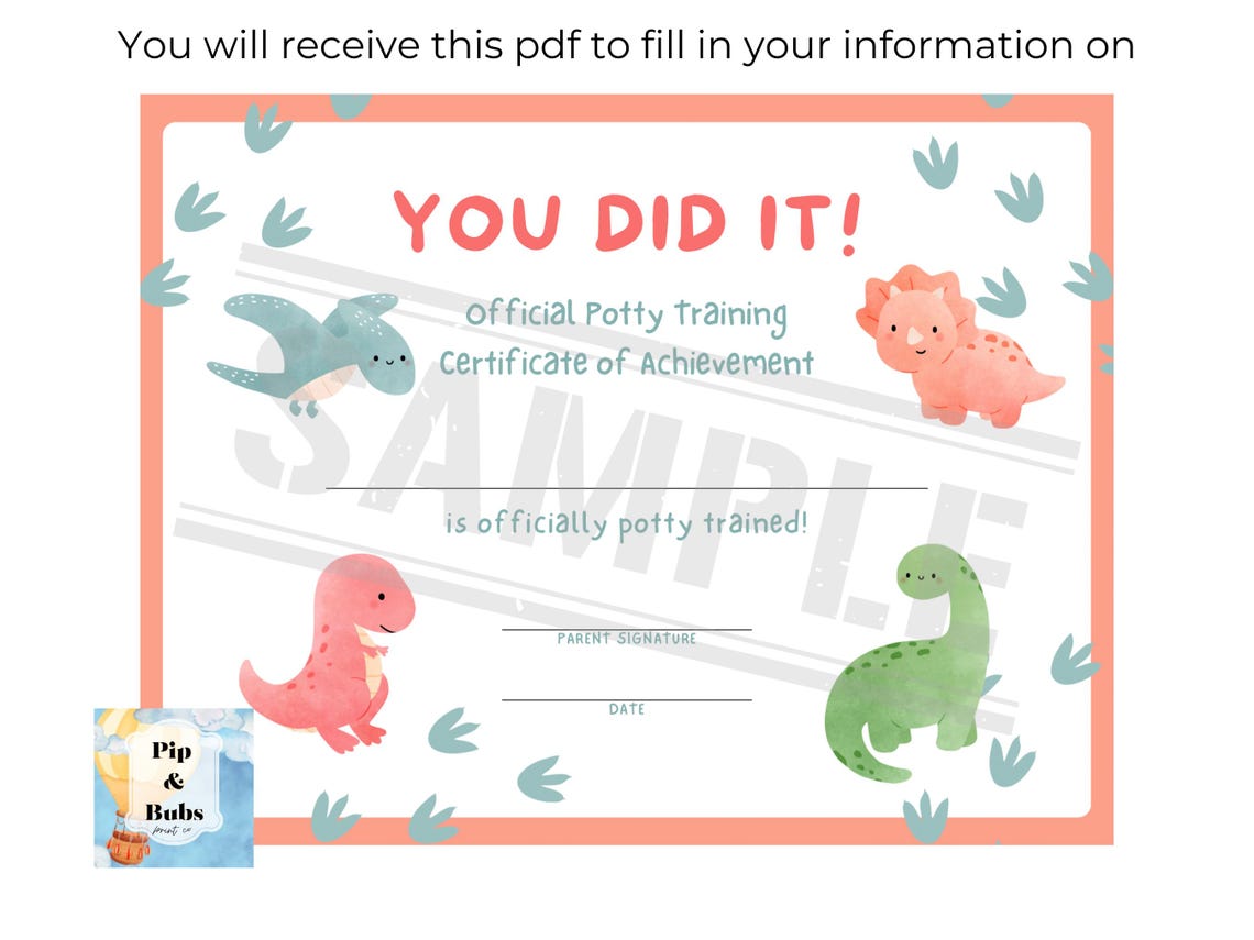 Boys Potty Training Certificate Cute Dinosaur Printable Award PDF ...