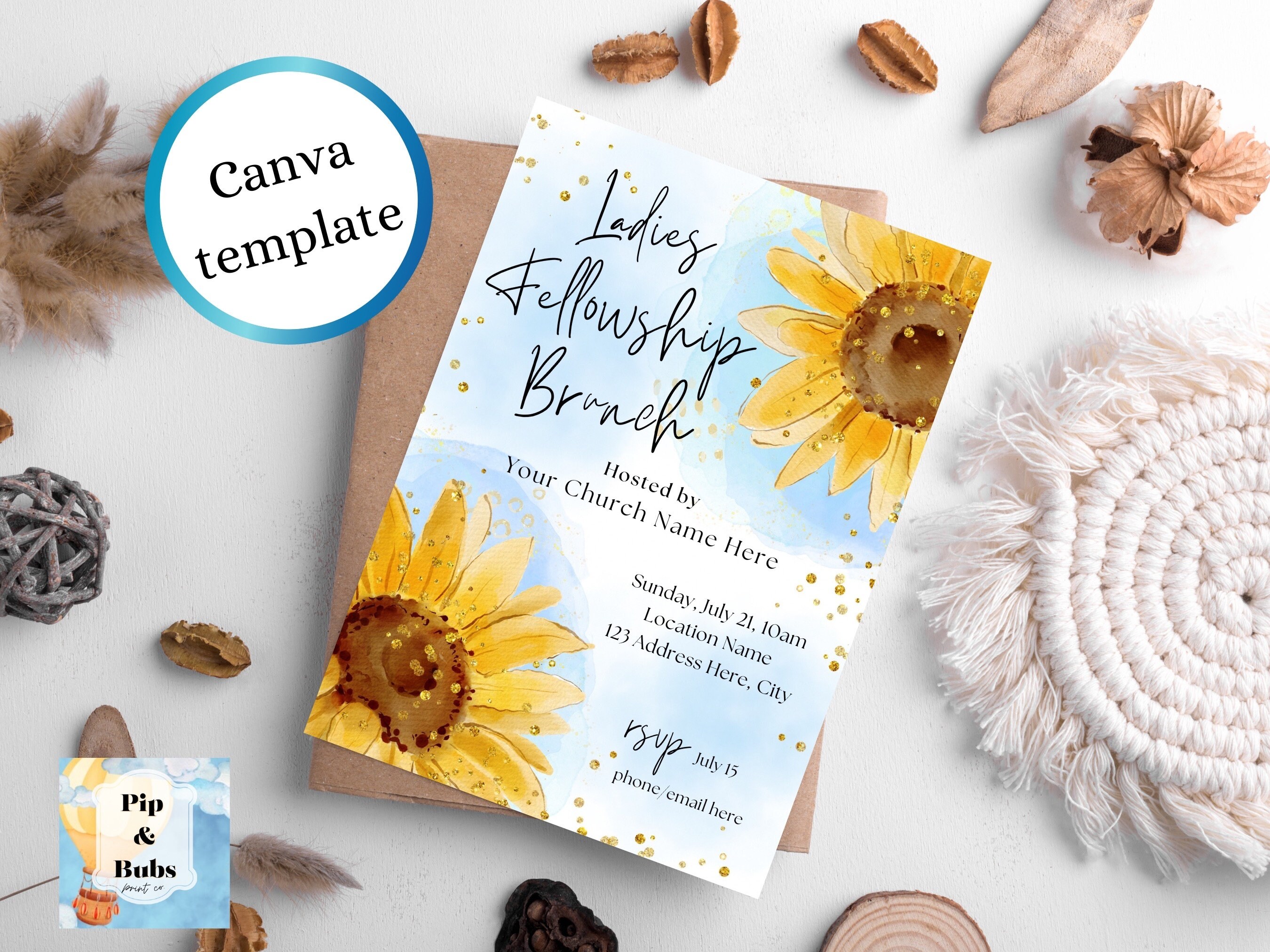 Ladies Fellowship Brunch Editable Invitation: Sunflower Canva Template ...