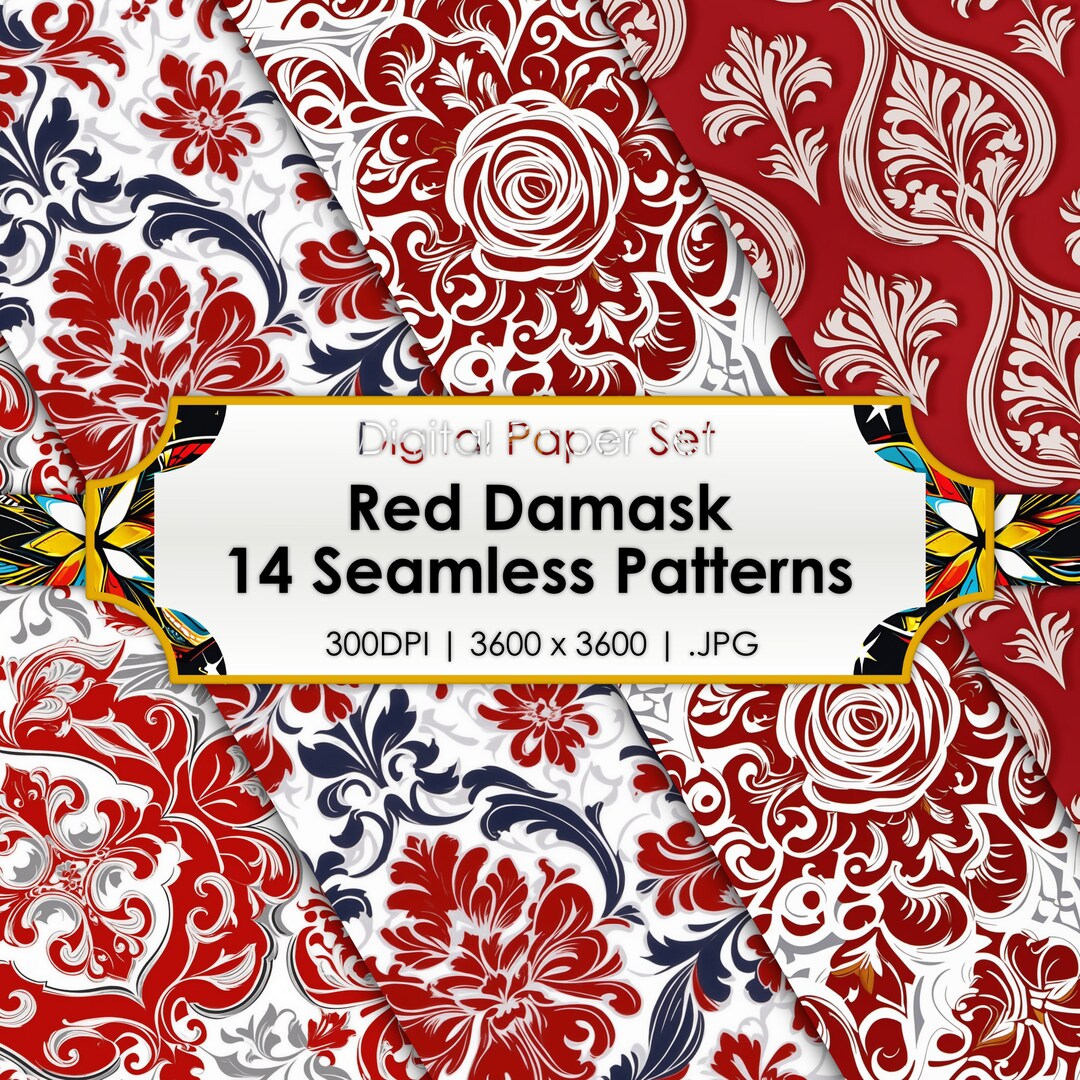 Damask Digital Paper Vintage Red Damask Seamless Pattern White - Etsy