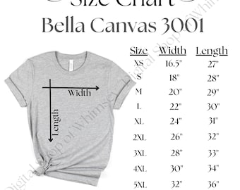 Bella Canvas 3001 Size Chart, Size Chart, T-shirt Size Chart, Shirt Measurement Guide, 3001 Size ...
